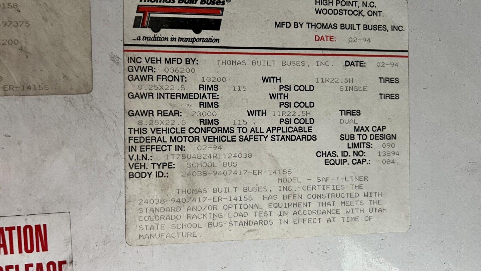 1994 Thomas School Bus Cummins 6cta 8.3l six cylinder turbo diesel ...
